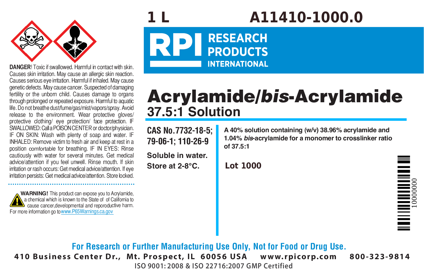A11410-1000.0 - Acrylamide/bis-Acrylamide, 37.5:1 Ratio Solution, 1 Liter