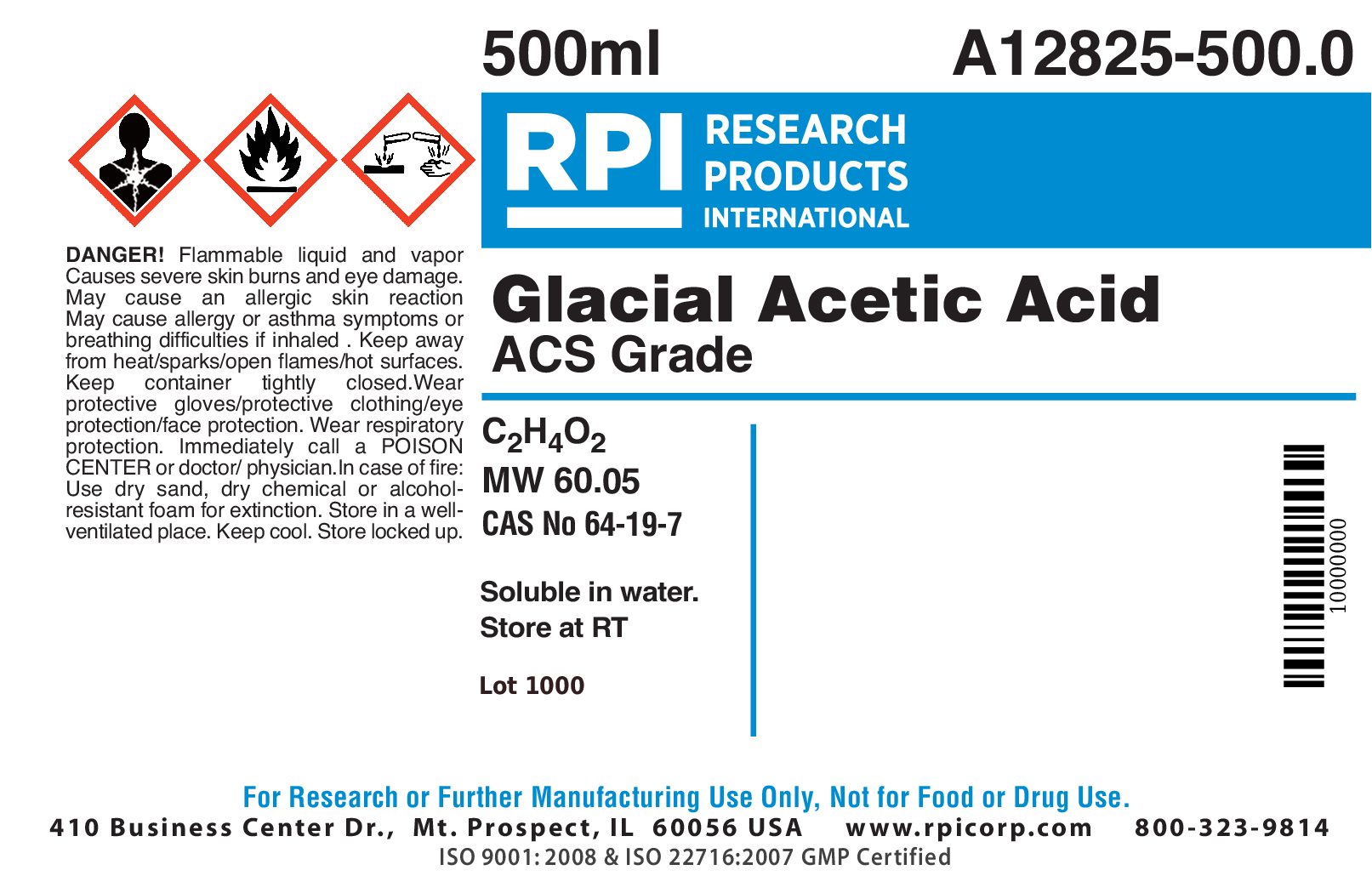 A12825-500.0 - Acetic Acid, Glacial, ACS Grade, 500 Milliliters