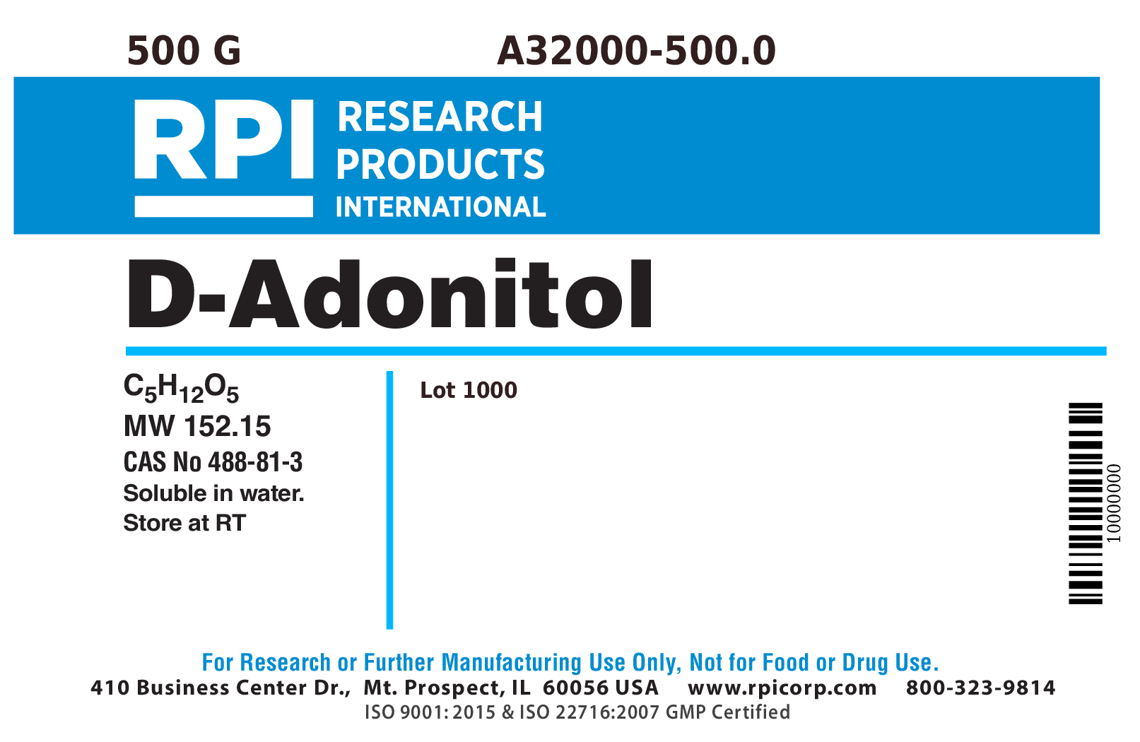 A32000-500.0 - Adonitol [Ribitol] [Adonite], 500 Grams