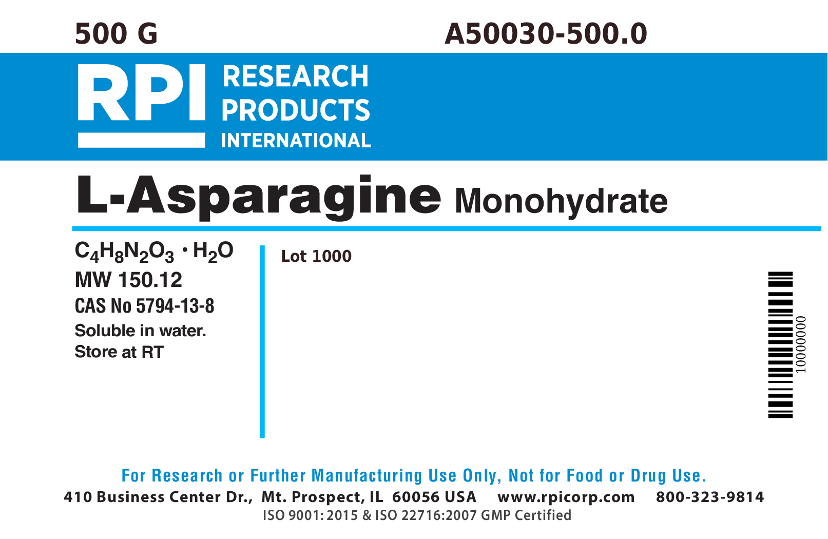 A50030-500.0 - L-Asparagine, Monohydrate, 500 Grams