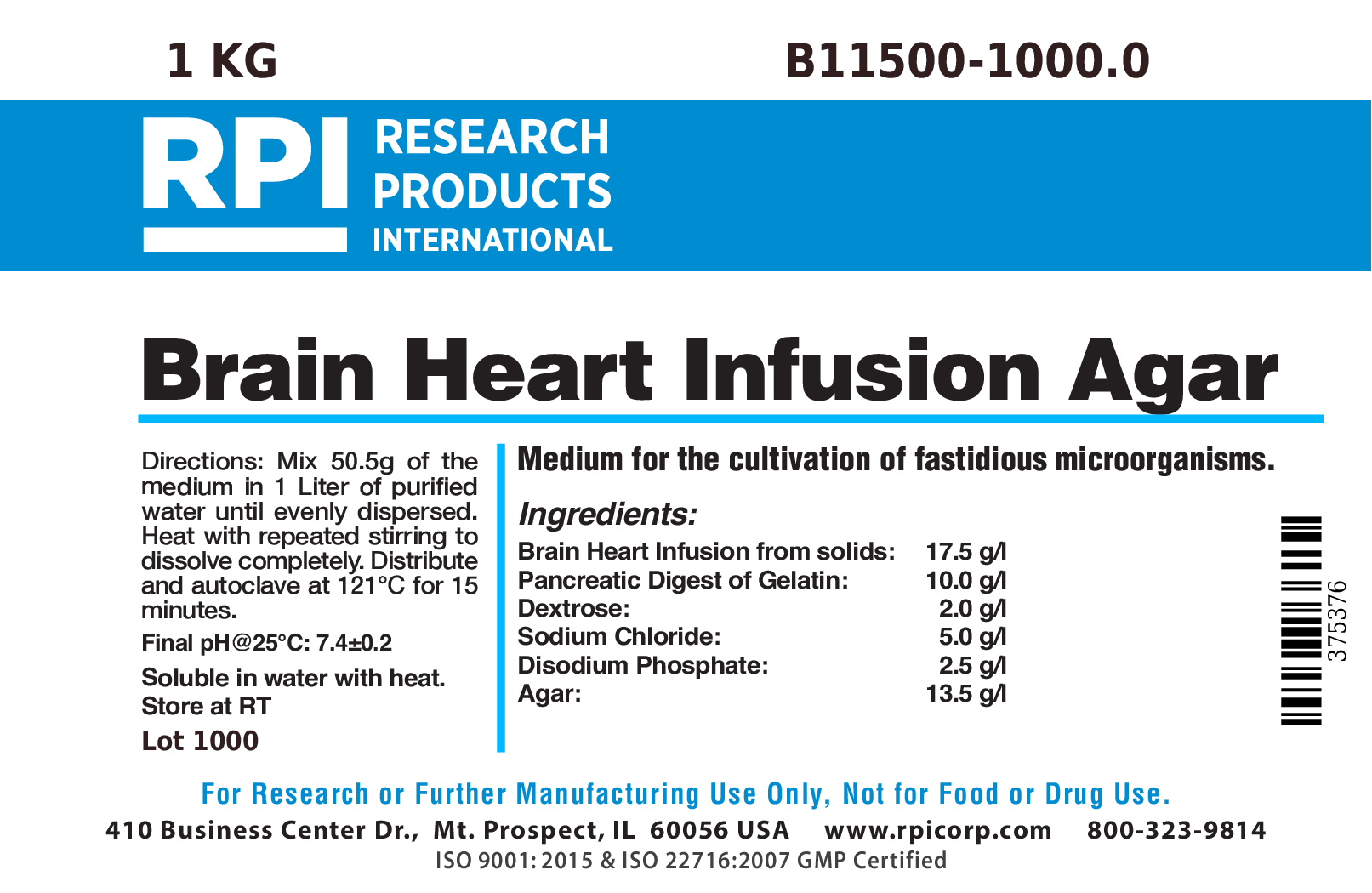 B11500-1000.0 - BHI Agar [Brain Heart Infusion Agar], 1 Kilogram