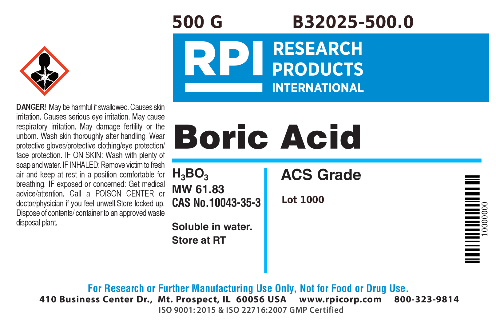 B32025-500.0 - Boric Acid, Crystals, ACS Grade, 500 Grams