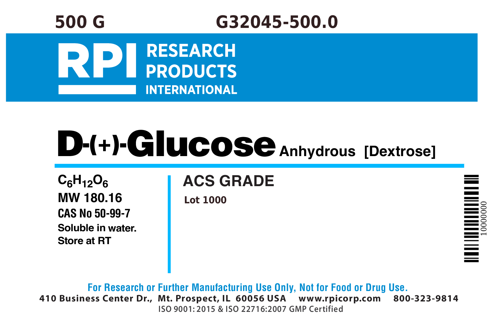 G32045-500.0 - D-(+)-Glucose [Dextrose Anhydrous], ACS Grade, 500 Grams