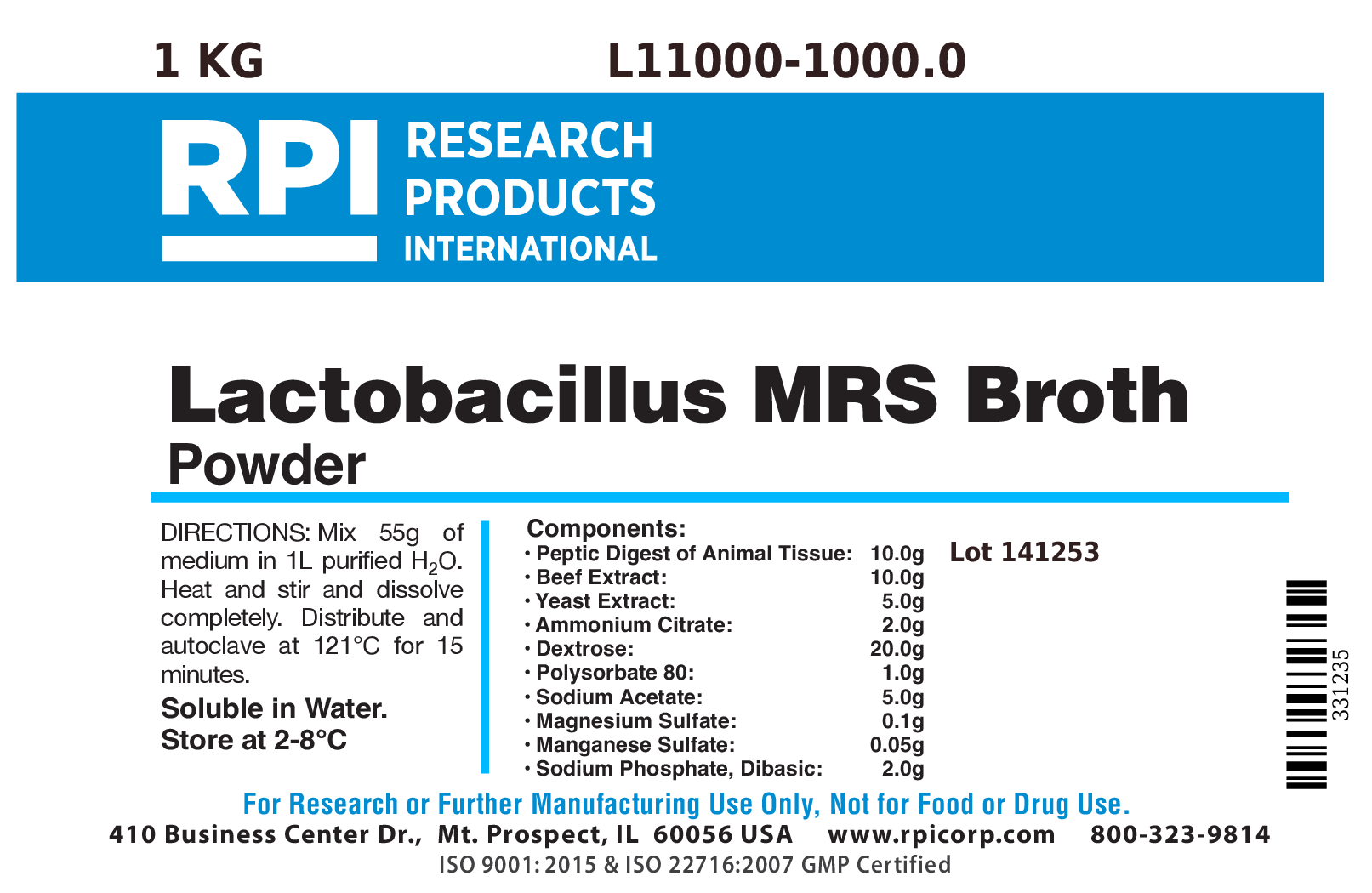 L11000-1000.0 - Lactobacillus MRS Broth Powder, 1 Kilogram