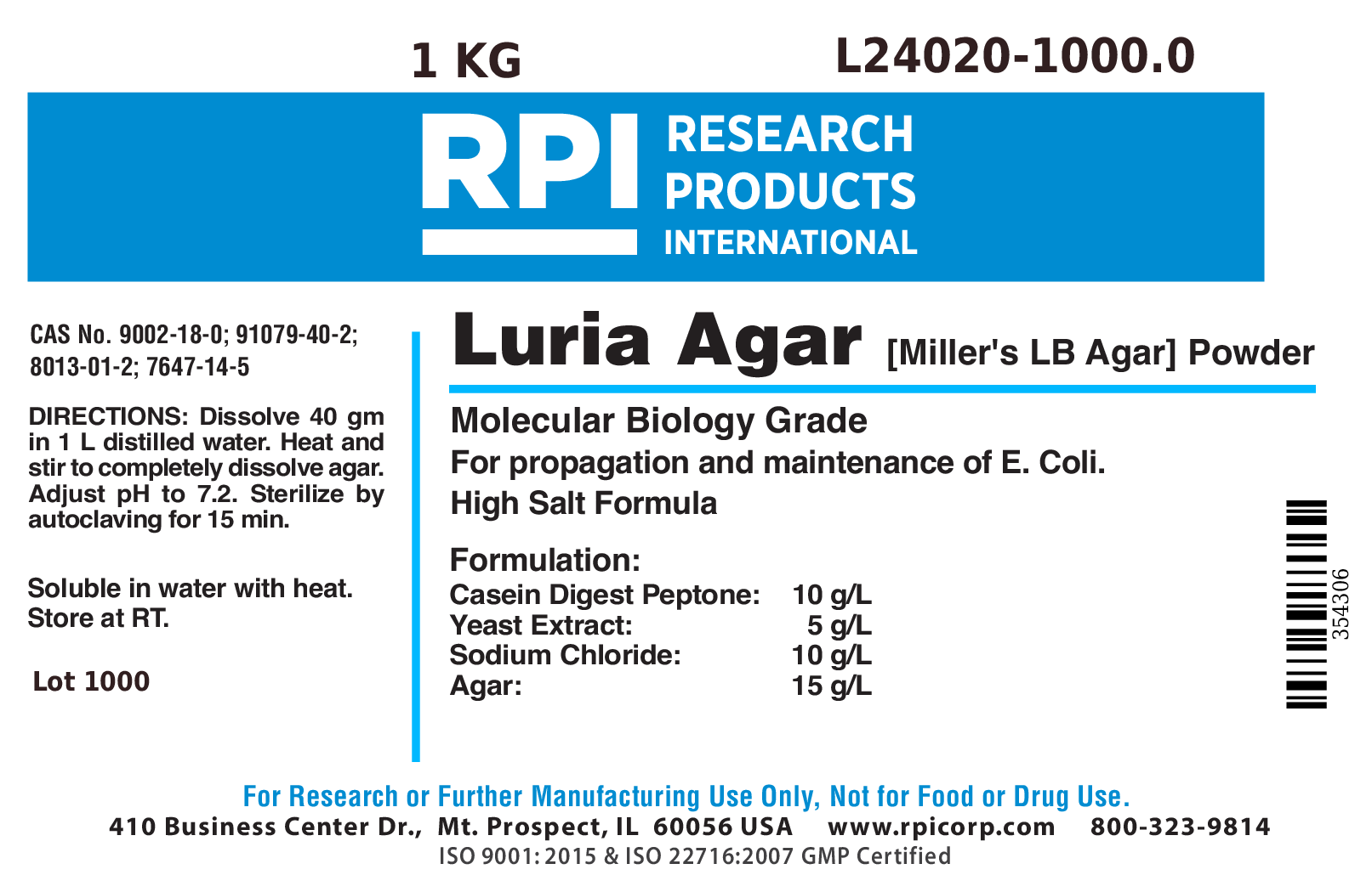 L24020-1000.0 - Luria Agar Powder [Miller's LB Agar], 1 Kilogram