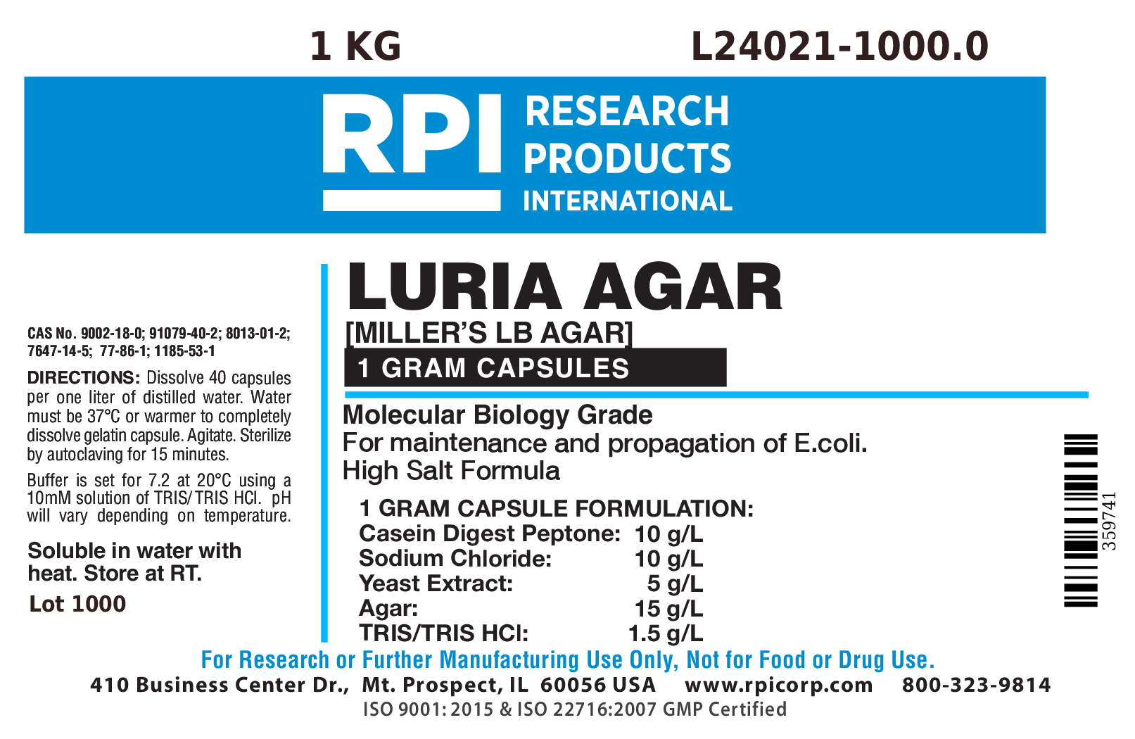 L24021-1000.0 - Luria Agar [Miller's LB] 1 Gram Buffered Capsules, 1 ...