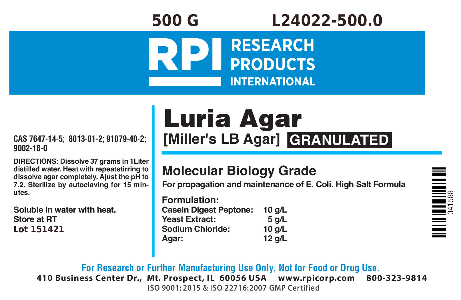 L24022-500.0 - Luria Agar [Miller's LB] Granulated, 500 Grams
