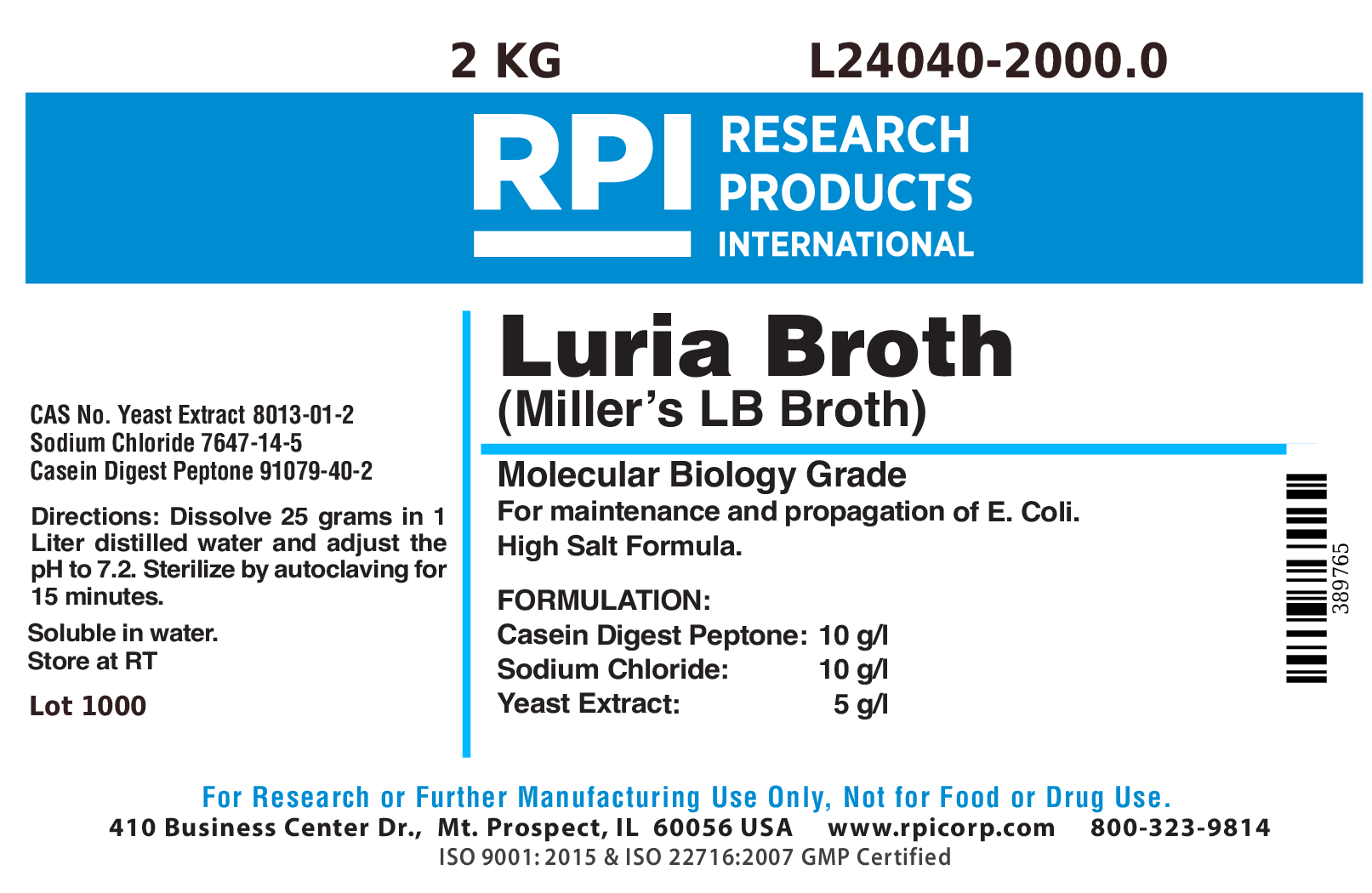 L24040-2000.0 - Luria Broth, High Salt Formula, Powder [Miller's LB ...