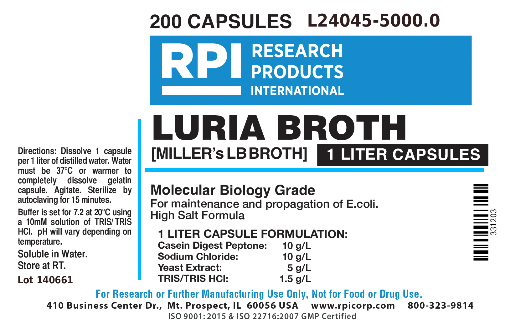 L24045-5000.0 - Luria Broth [Miller's LB] 1 Liter Buffered Capsules ...