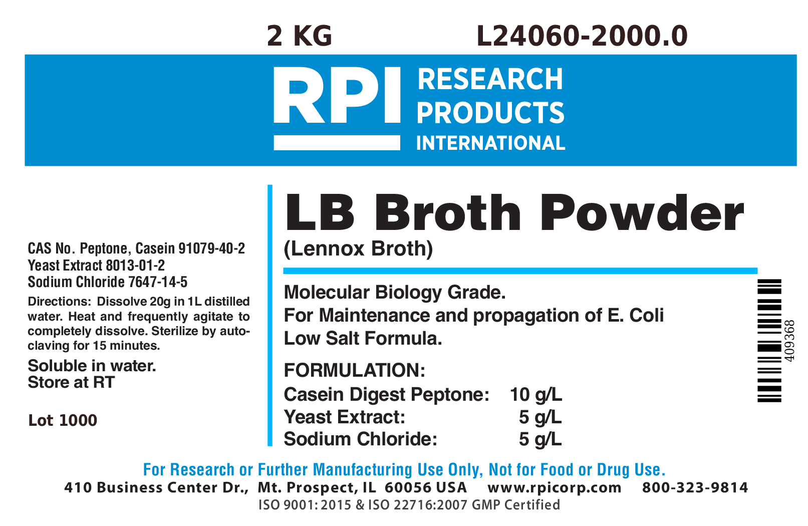 L24060-2000.0 - LB Broth Powder [Lennox Broth], 2 Kilograms