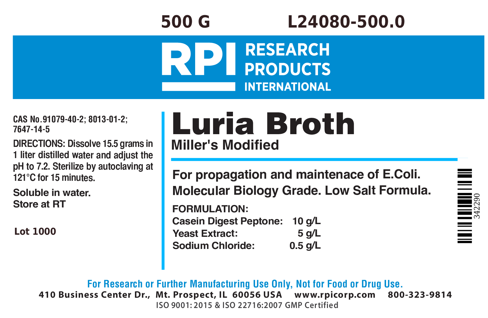 L24080-500.0 - Luria Broth Miller's Modified, 500 Grams