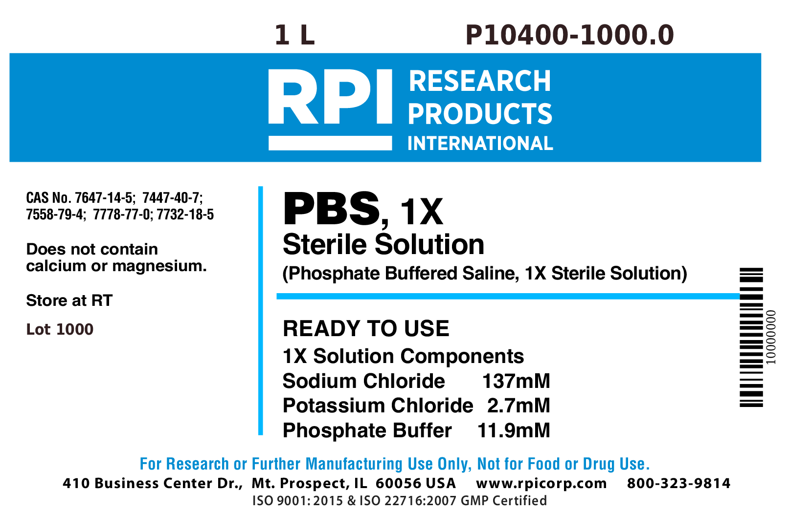 P10400-1000.0 - PBS 1X Solution [Phosphate Buffered Saline 1X Sterile ...