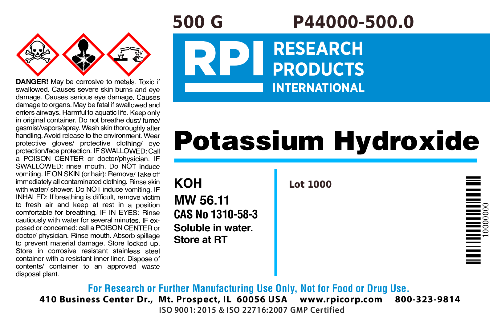 P44000-500.0 - Potassium Hydroxide, 500 Grams