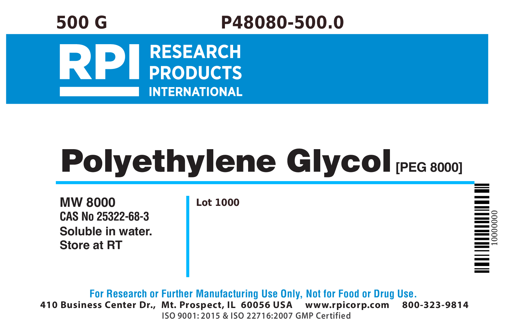 P48080-500.0 - PEG 8000 [Polyethylene Glycol 8000], 500 Grams
