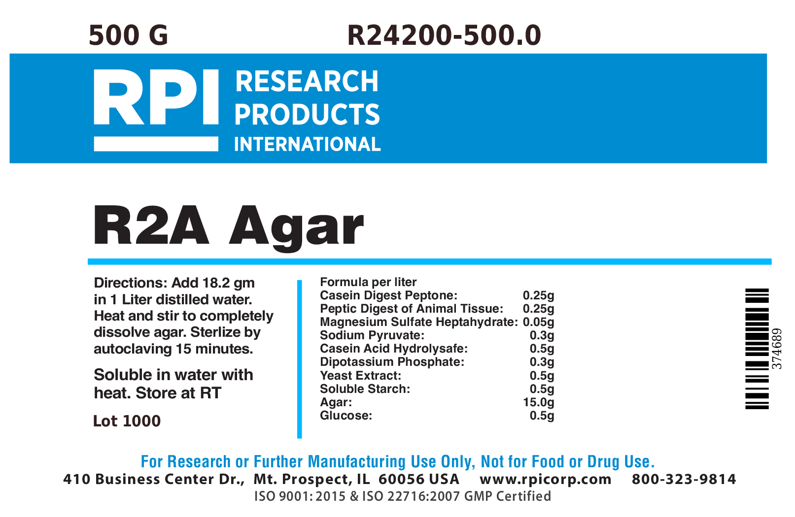R24200-500.0 - R2A Agar, 500 Grams