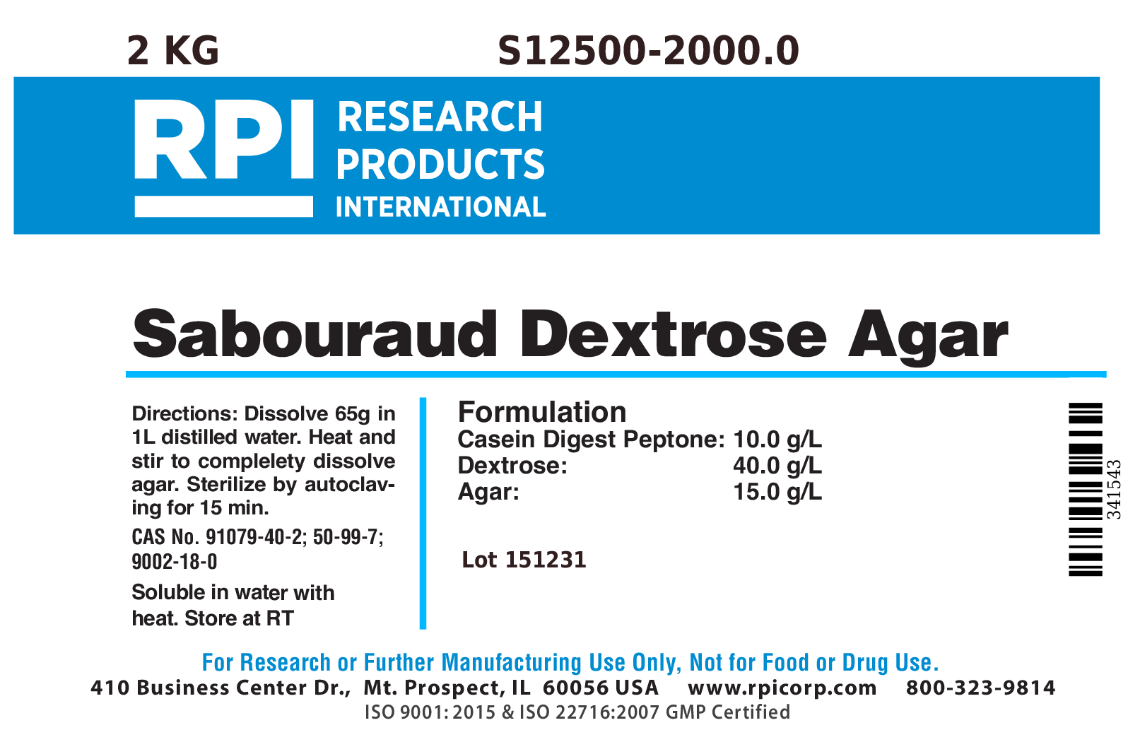 S12500-2000.0 - Sabouraud Dextrose Agar, 2 Kilograms
