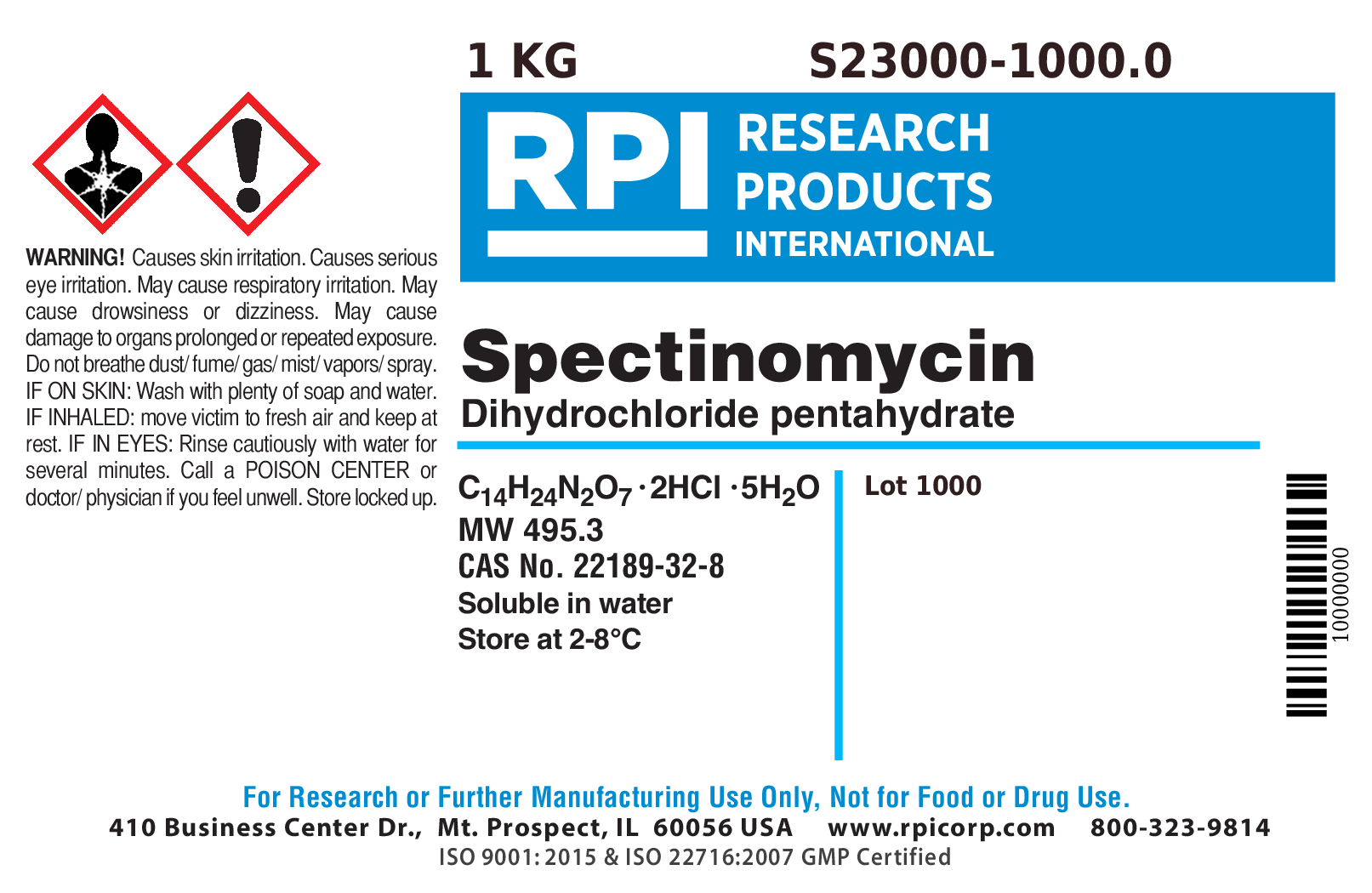 S23000-1000.0 - Spectinomycin Dihydrochloride Pentahydrate, 1 Kilogram
