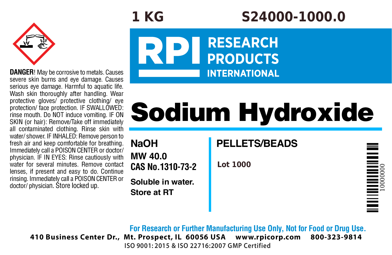 S24000-1000.0 - Sodium Hydroxide Pellets, ACS Grade, 1 Kilogram