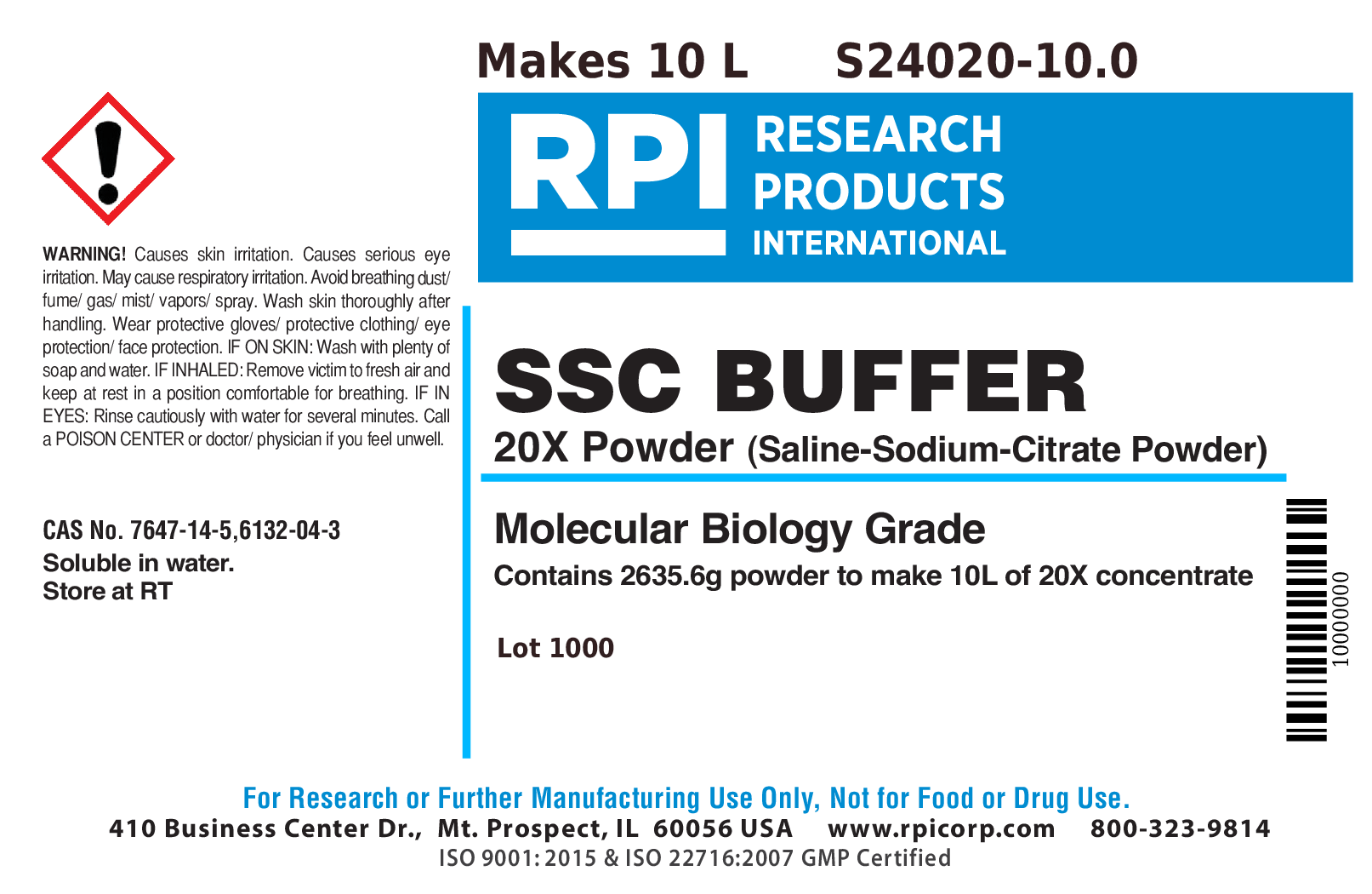 S24020-10.0 - SSC Buffer 20X Powder, 2635.6 Grams of Powder, Makes 10 ...