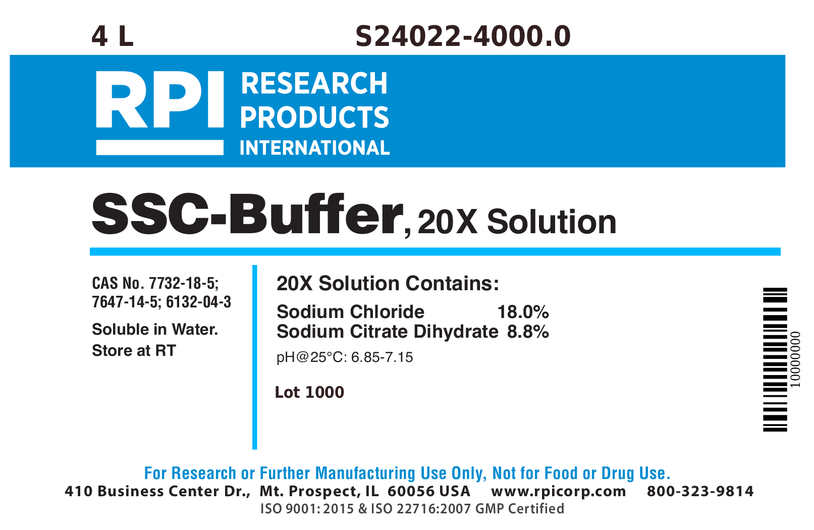 S24022-4000.0 - SSC Buffer, 20X Solution, 4 Liter