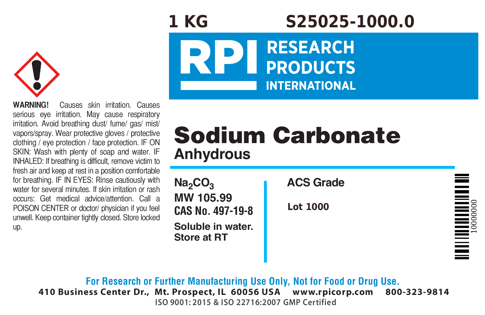 S25025-1000.0 - Sodium Carbonate Anhydrous, ACS Grade, 1 Kilogram