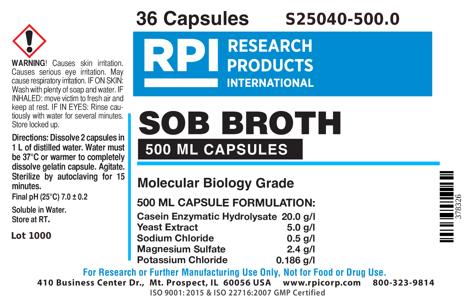 S25040-500.0 - SOB Broth, 36 x 500ml Capsules, 500 Grams