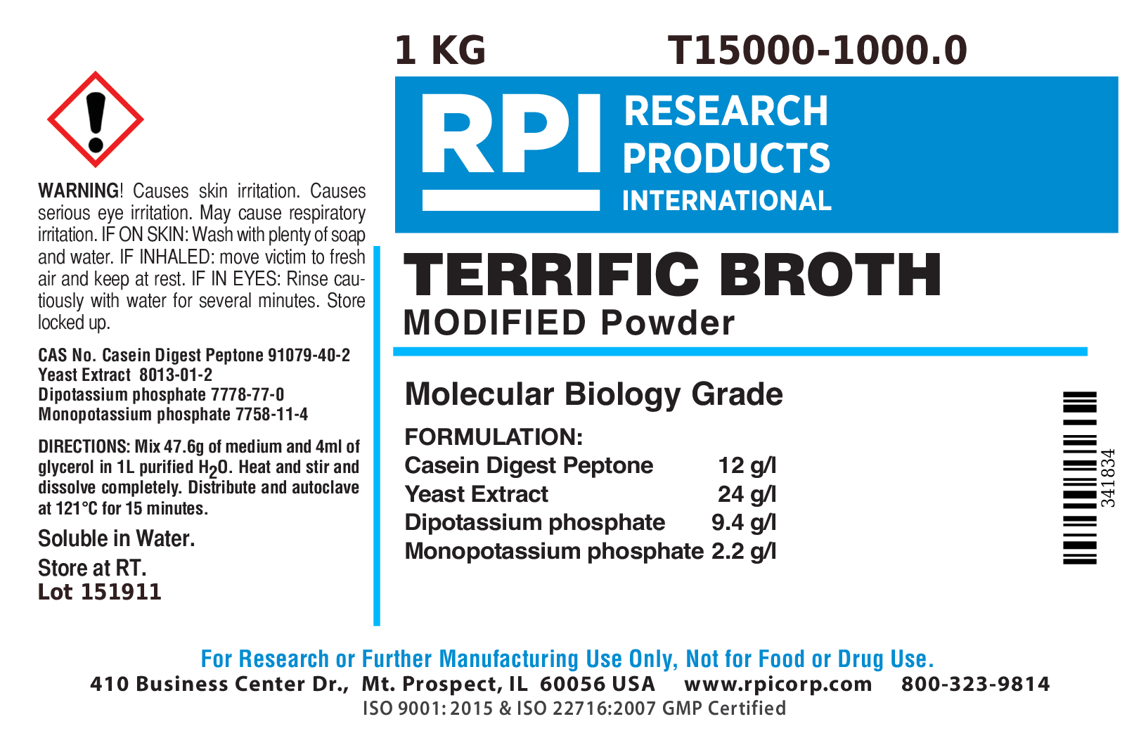 T15000-1000.0 - Terrific Broth, Modified, Powder, 1 Kilogram
