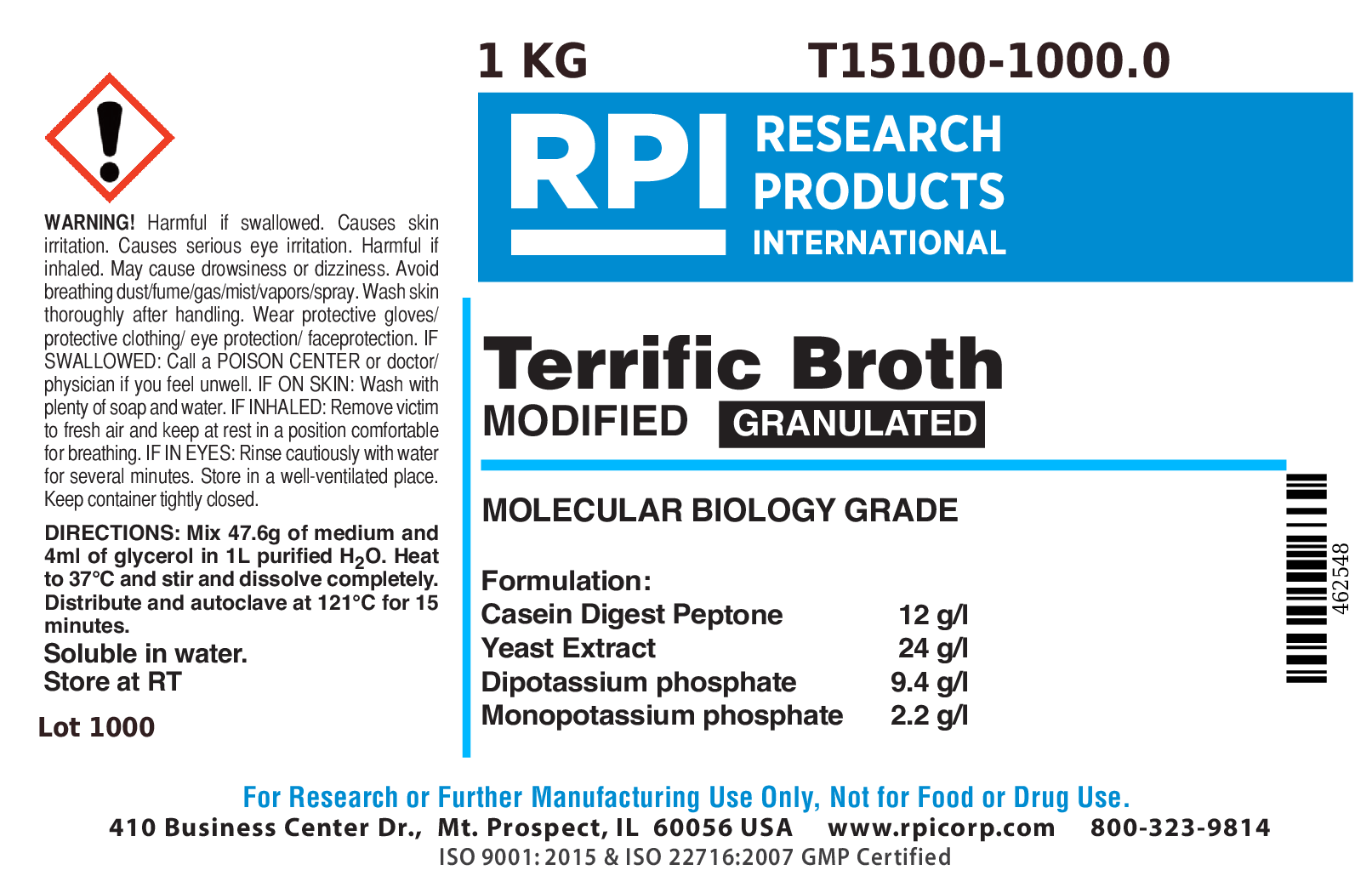 T15100-1000.0 - Terrific Broth, Modified, Granulated, 1 Kilogram