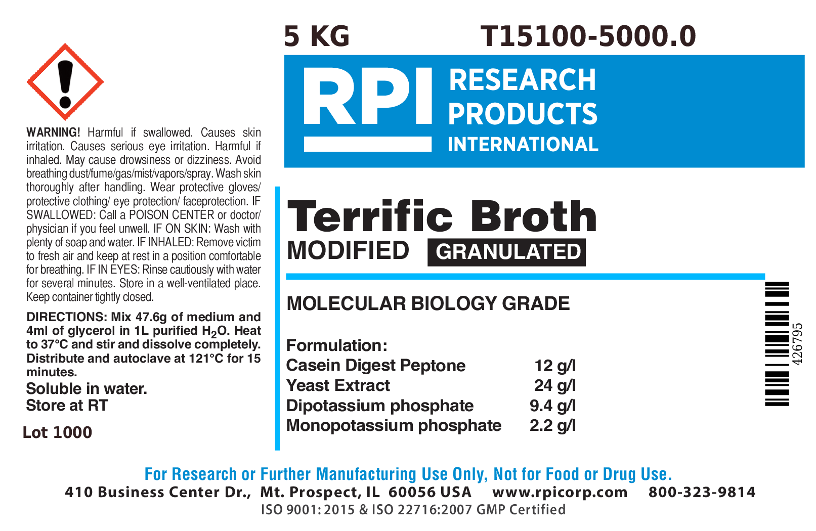 T15100-5000.0 - Terrific Broth, Modified, Granulated, 5 Kilograms