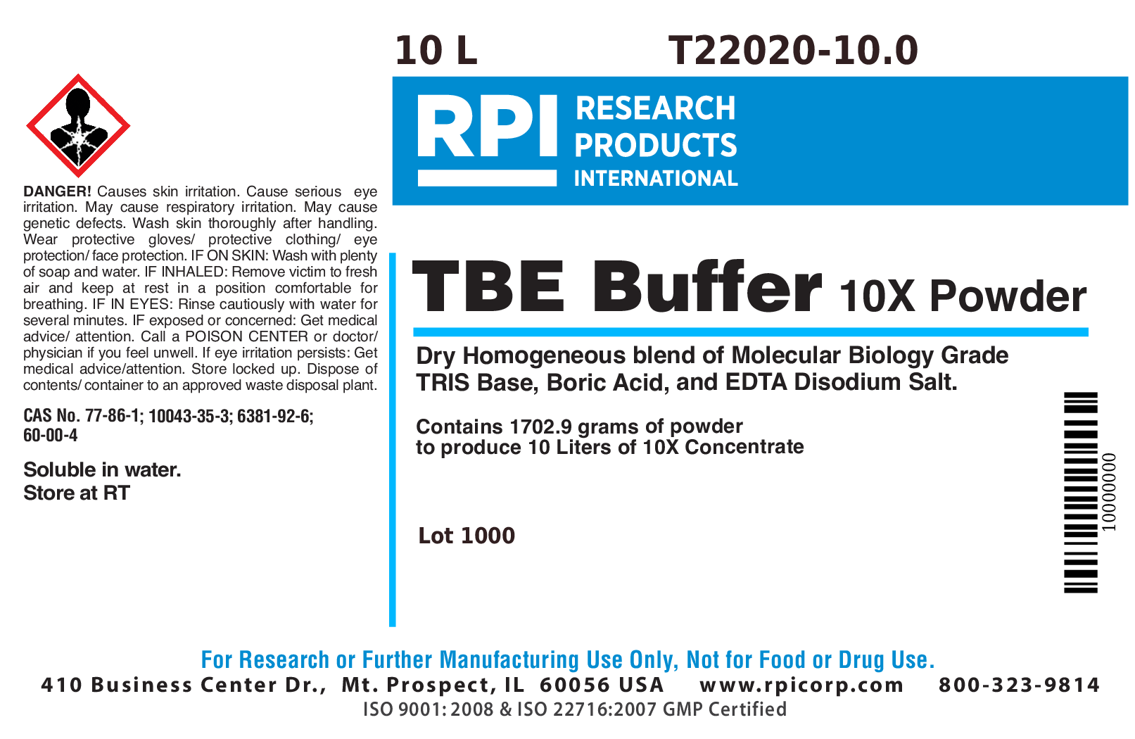 T22020-10.0 - TBE Buffer Powder [TRIS-Borate-EDTA], 10X Powder, 1702.9 ...