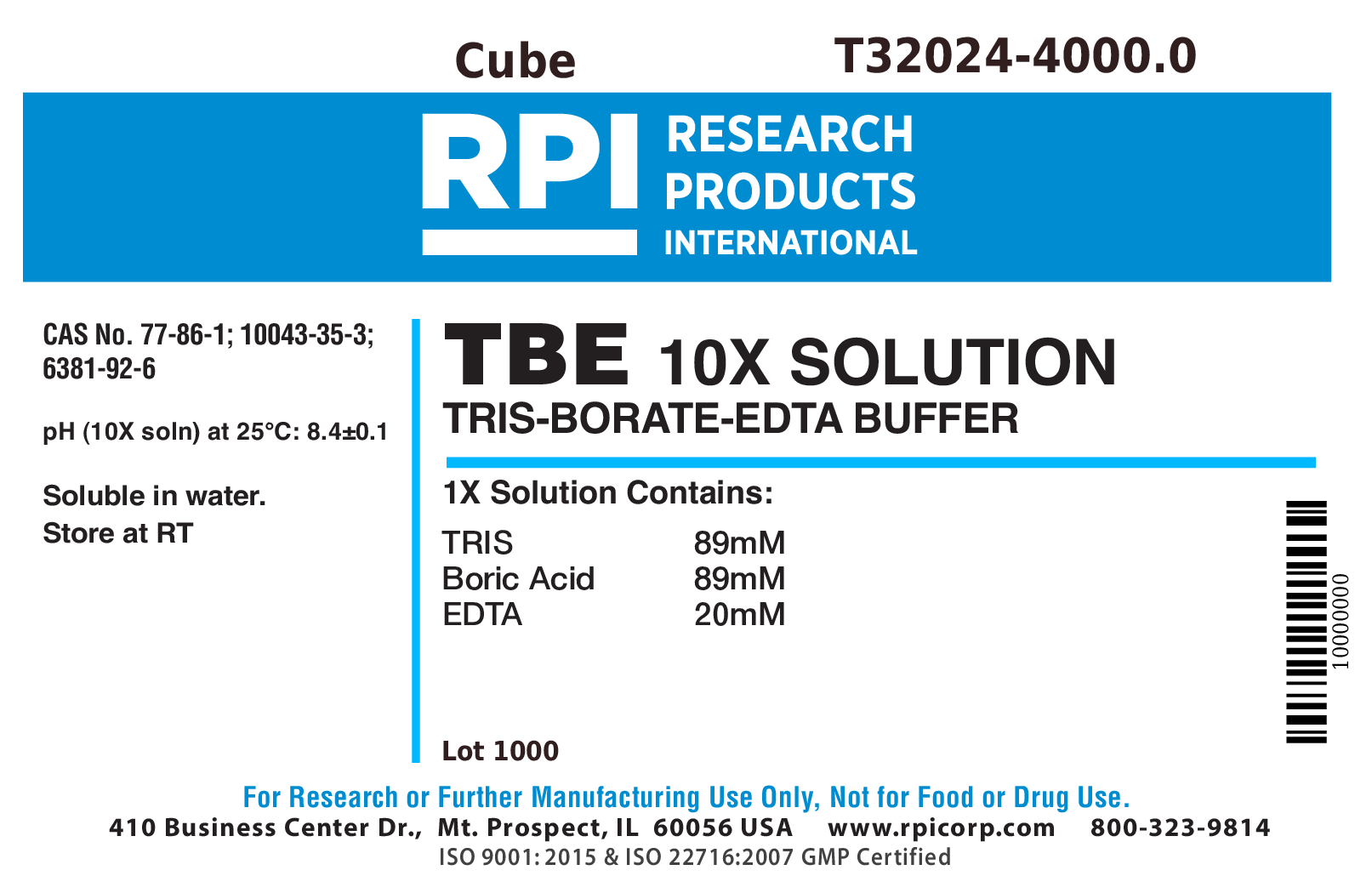 T32024-4000.0 - TBE 10X Solution [TRIS-borate-EDTA 10X Solution], 4 ...