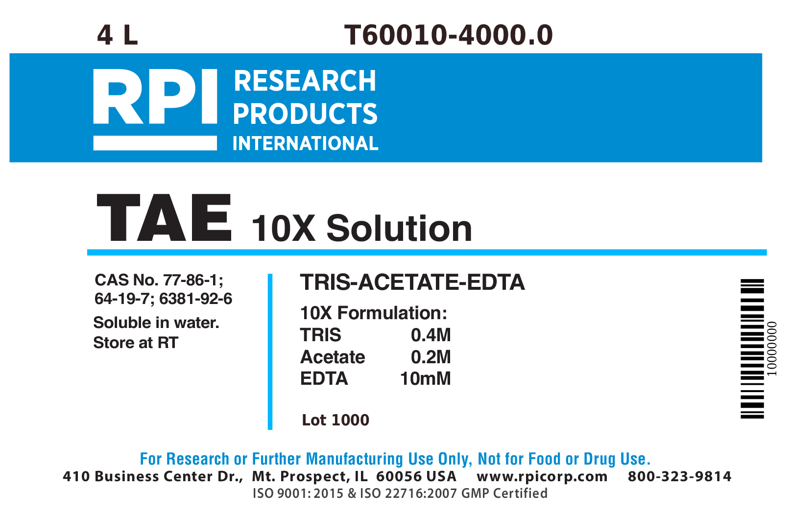 T60010-4000.0 - TAE 10X Solution [TRIS Acetate EDTA 10X Solution], 4 Liters