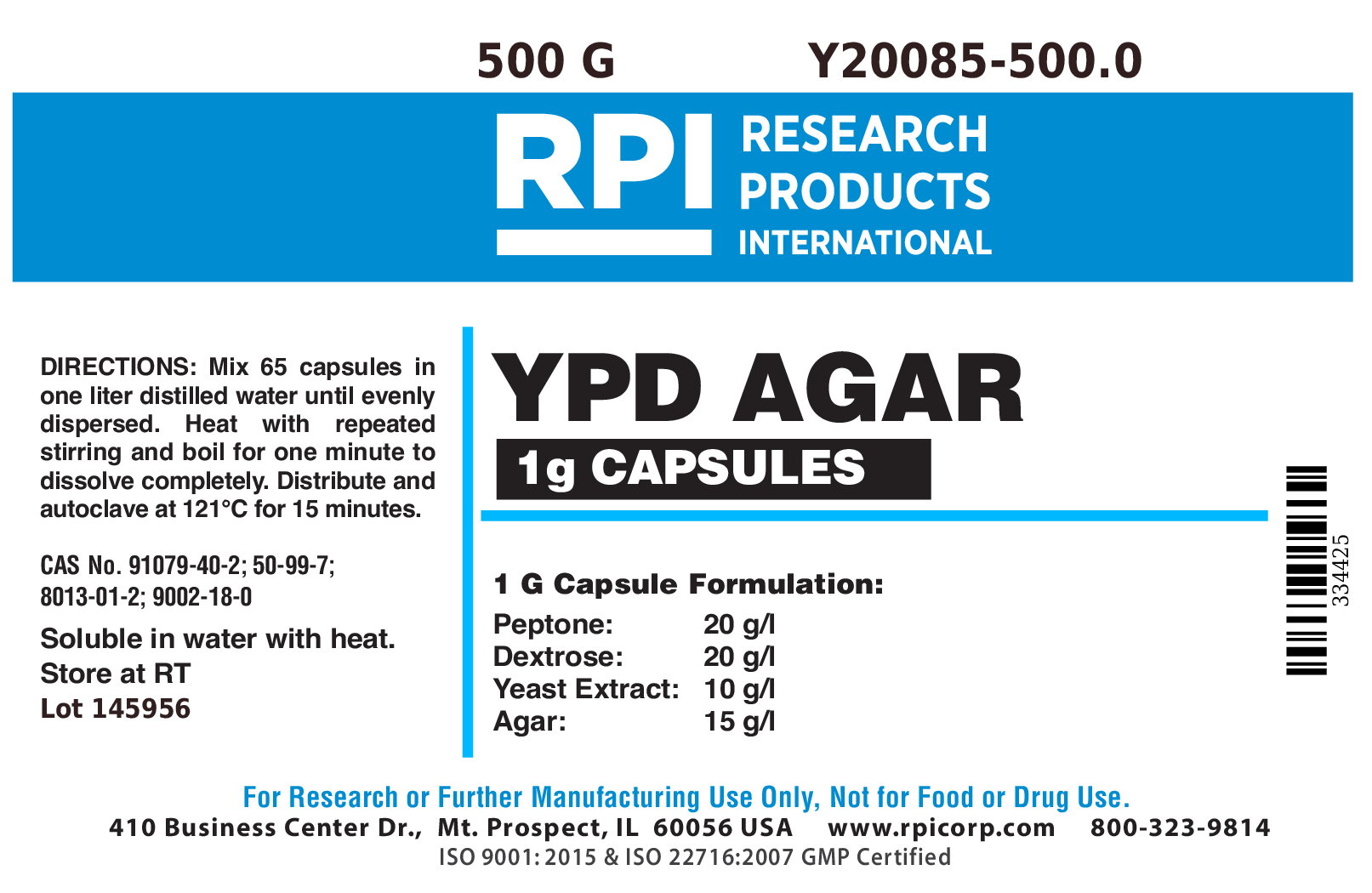 Y20085-500.0 - YPD Agar, 1 Gram Capsules, 500 Grams