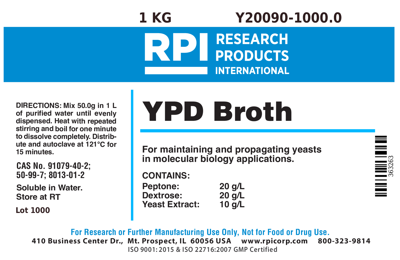 Y20090-1000.0 - YPD Broth, 1 Kilogram
