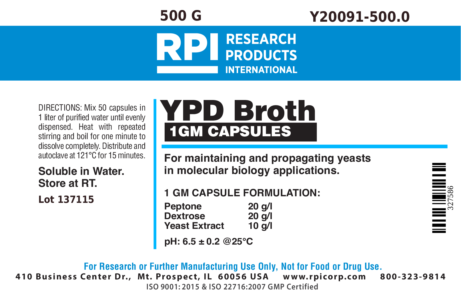 Y20091-500.0 - YPD Broth, 1 Gram Capsules, 500 Grams