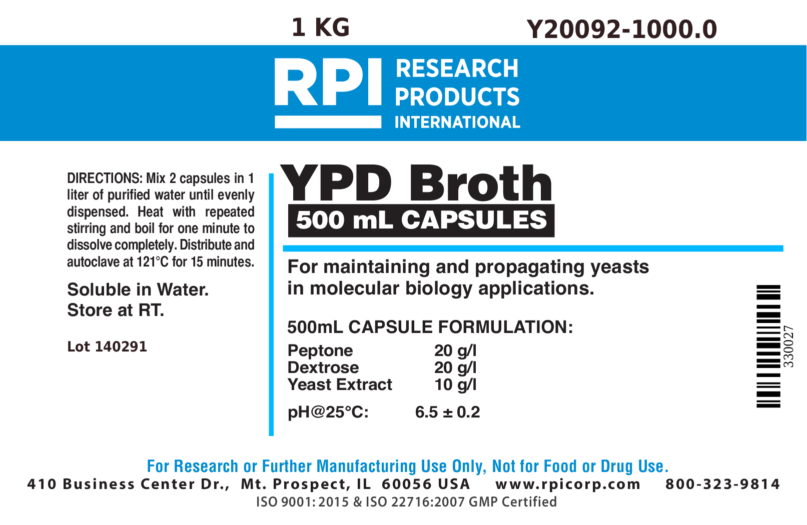 Y20092-1000.0 - YPD Broth, 500 ml Capsules, 1 Kilogram