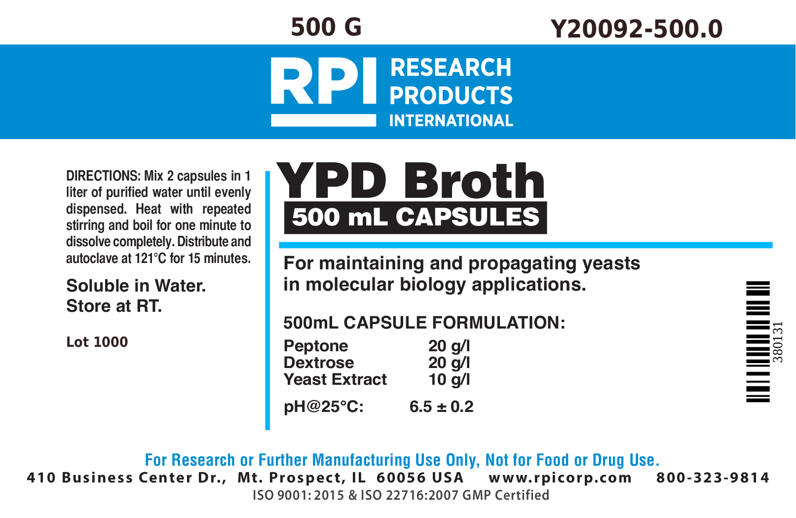 Y20092-500.0 - YPD Broth, 500 ml Capsules, 500 Grams