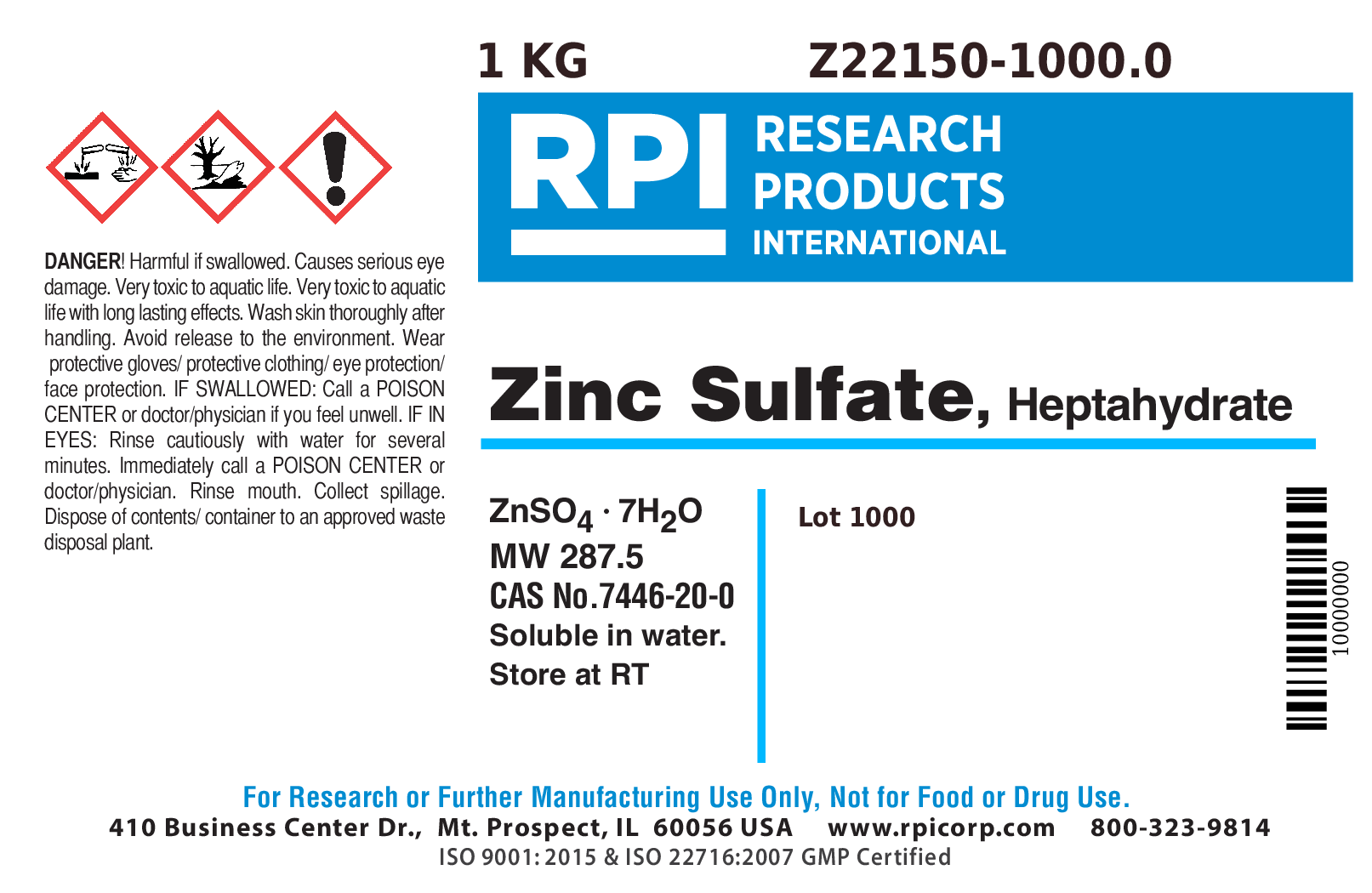 Z22150-1000.0 - Zinc Sulfate Heptahydrate, 1 Kilogram