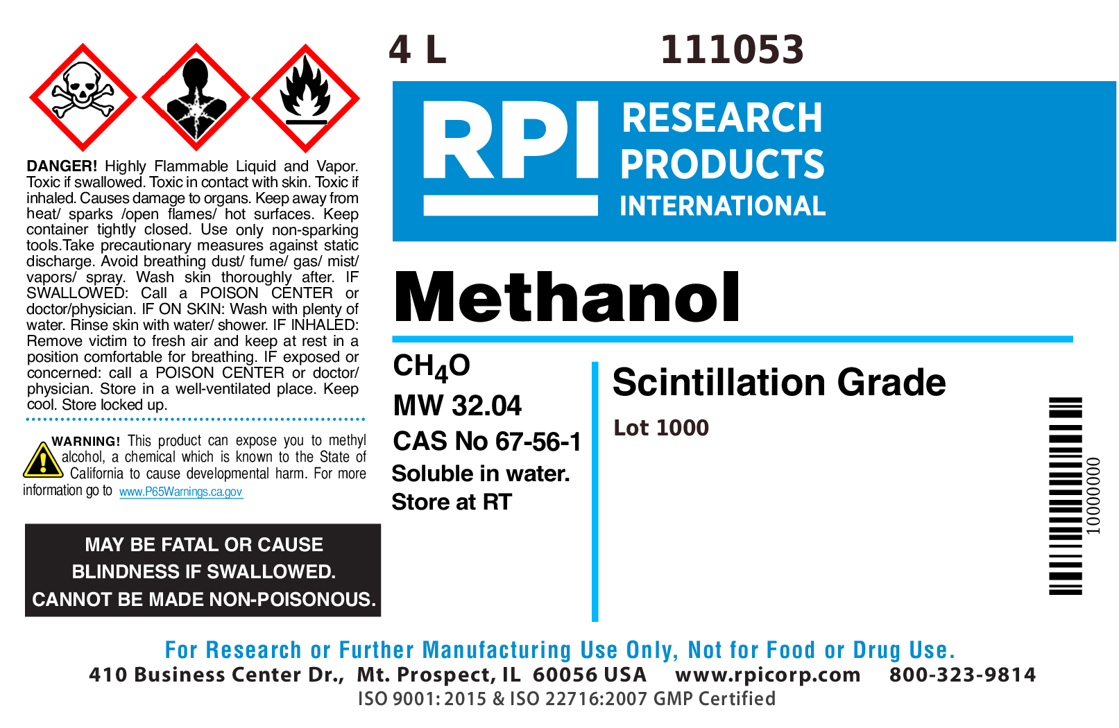 111053 - Methanol, Scintillation Grade, 4 Liters
