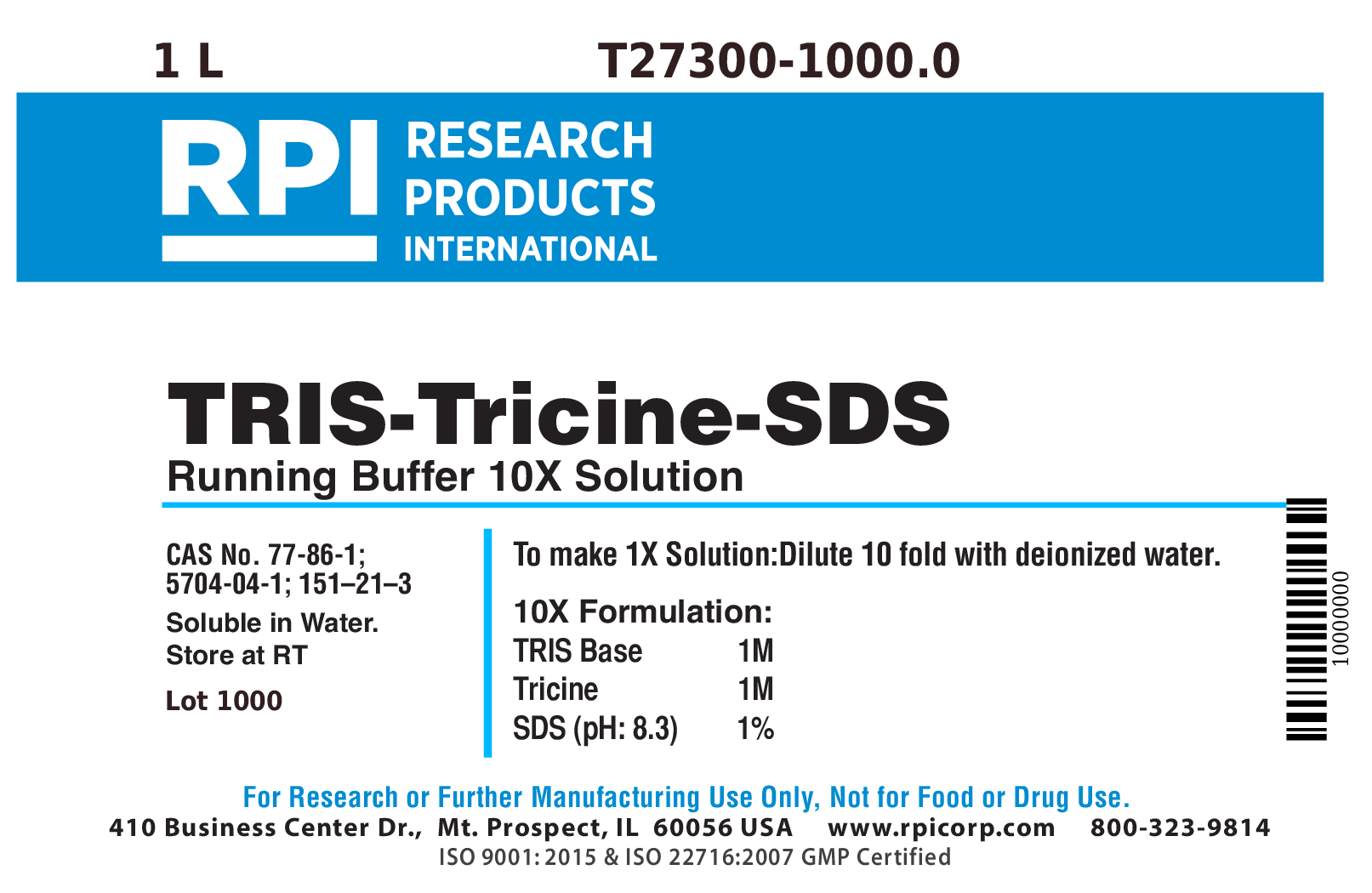 T27300-1000.0 - TRIS-Tricine-SDS Running Buffer 10X Solution, 1 Liter