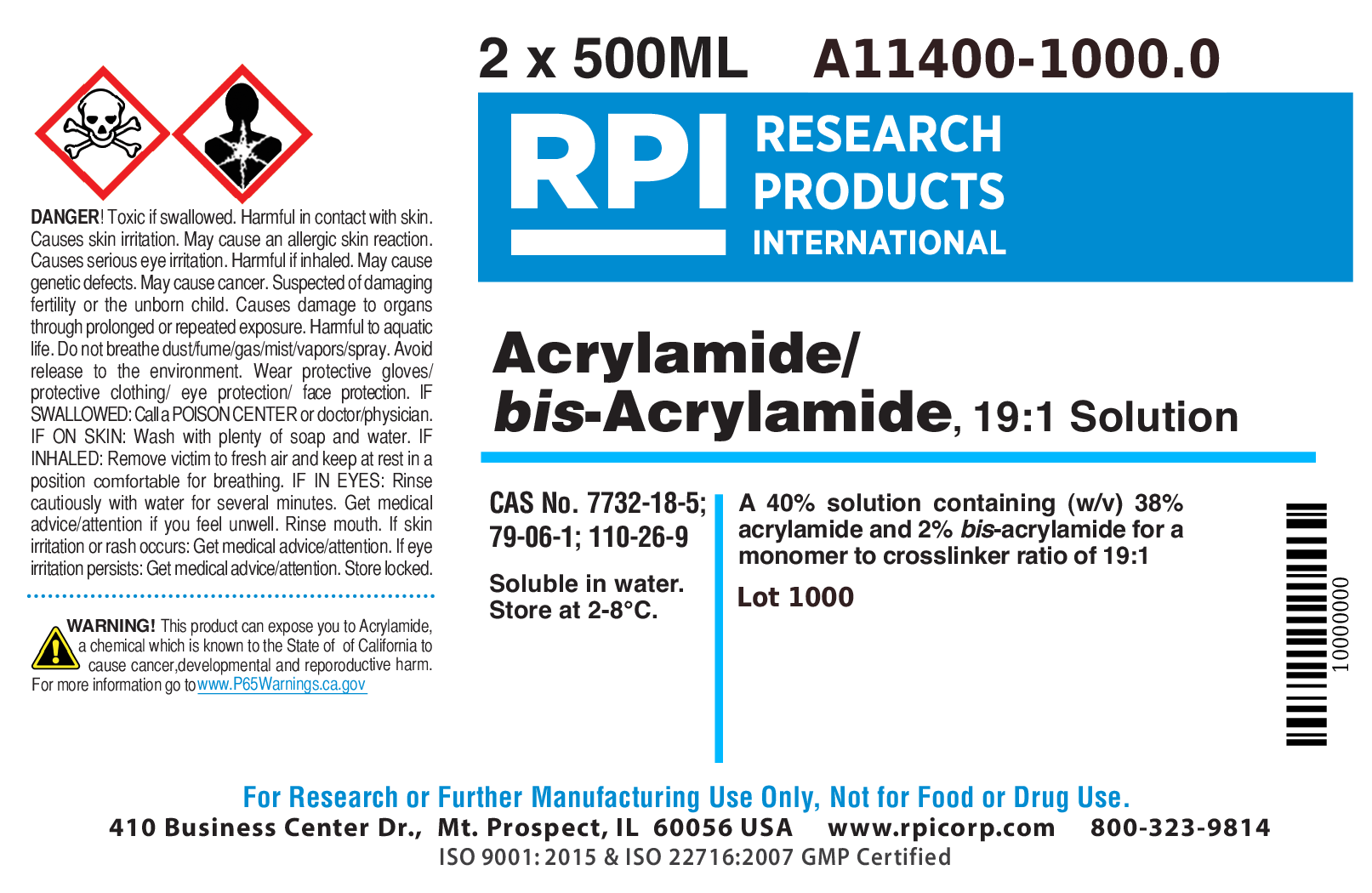 A11400-1000.0 - Acrylamide/bis-Acrylamide, 19:1 Ratio Solution, 1 Liter