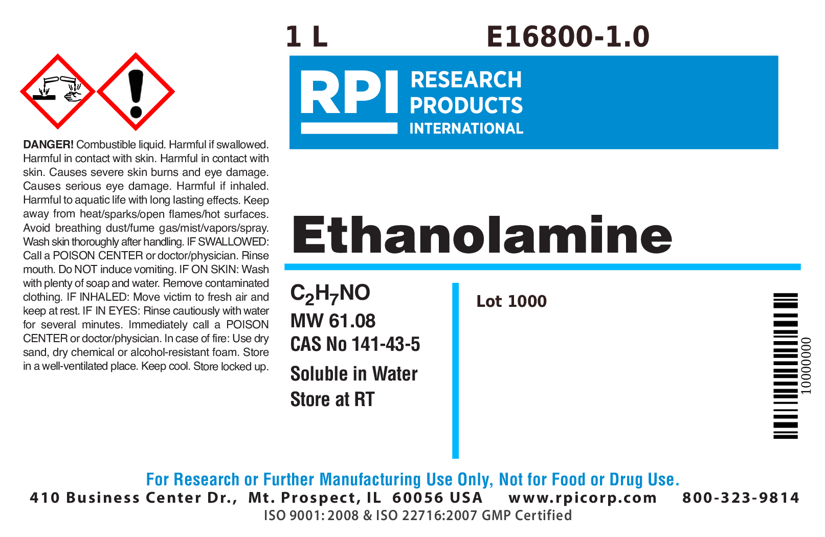 E16800-1.0 - Ethanolamine, 1 Liter