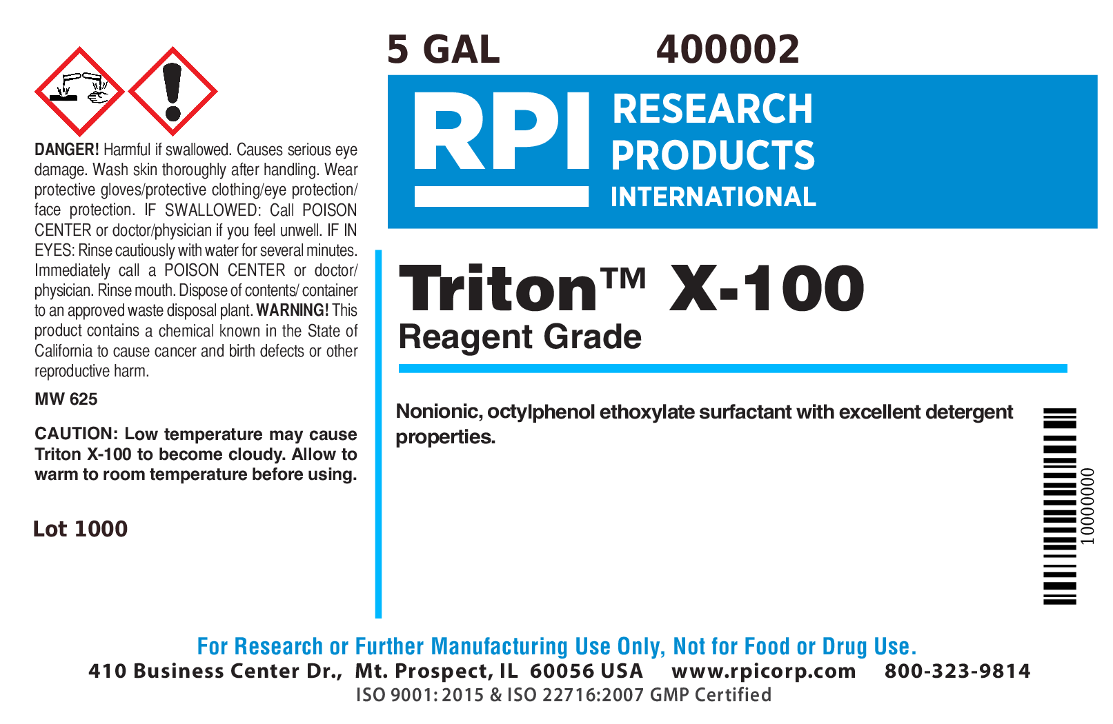 400002 - Triton X-100, Reagent Grade, 5 Gallon