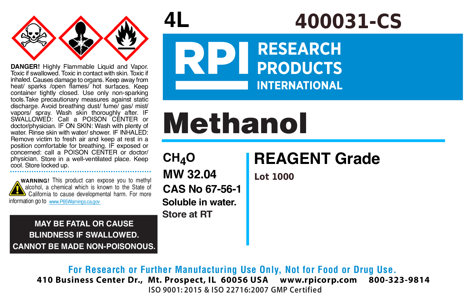400031-CS - Methanol [Reagent Grade], 4 Liters, 4 Bottles per Case