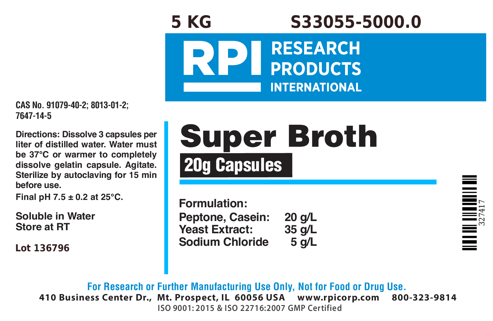 S33055-5000.0 - Super Broth, 20 Gram Buffered Capsules, 5 Kilograms