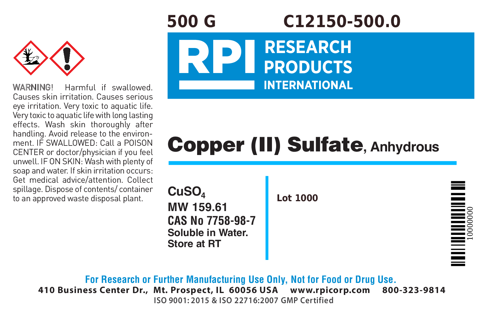 C12150-500.0 - Copper (II) Sulfate Anhydrous [Cupric Sulfate], 500 Grams