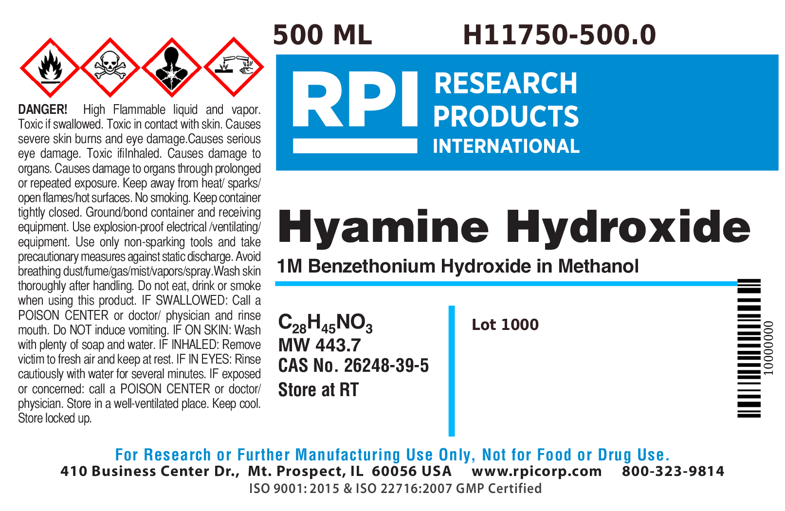 H11750-500.0 - Hyamine Hydroxide, 500 Milliliters