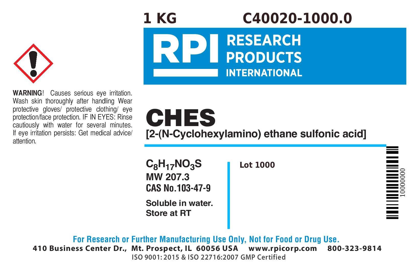 C40020-1000.0 - CHES [2-(N-Cyclohexylamino)ethanesulfonic acid], 1 Kilogram