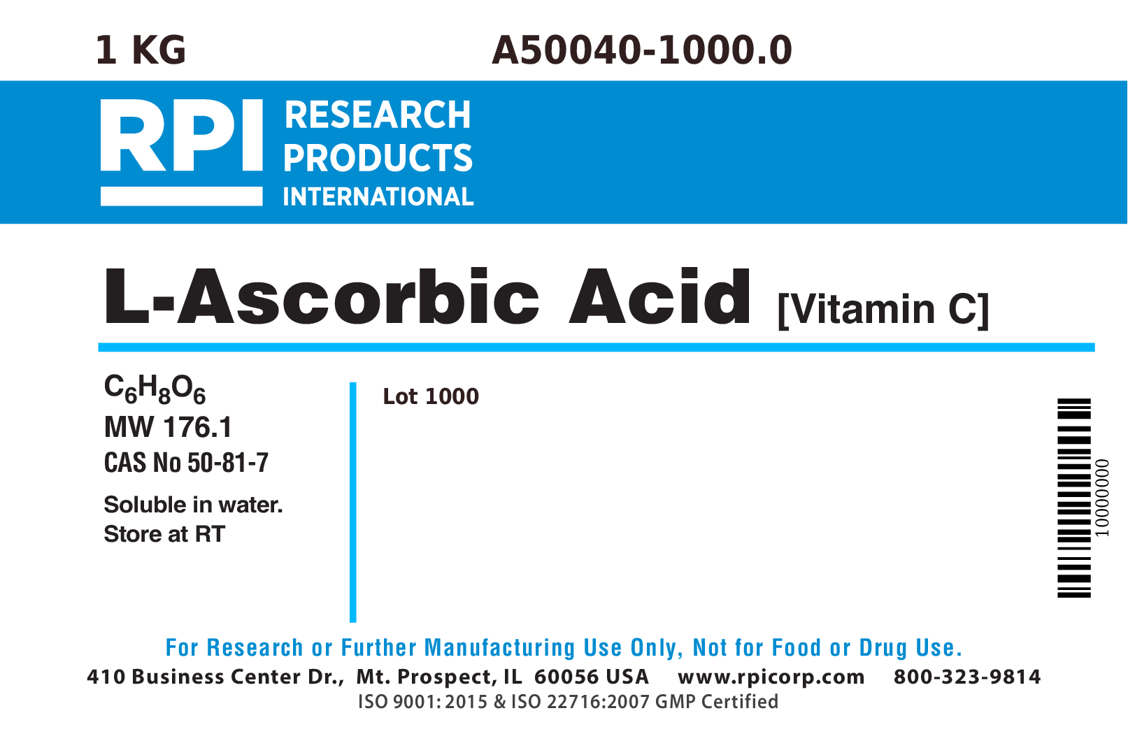 A50040-1000.0 - L-Ascorbic Acid [Vitamin C], 1 Kilogram