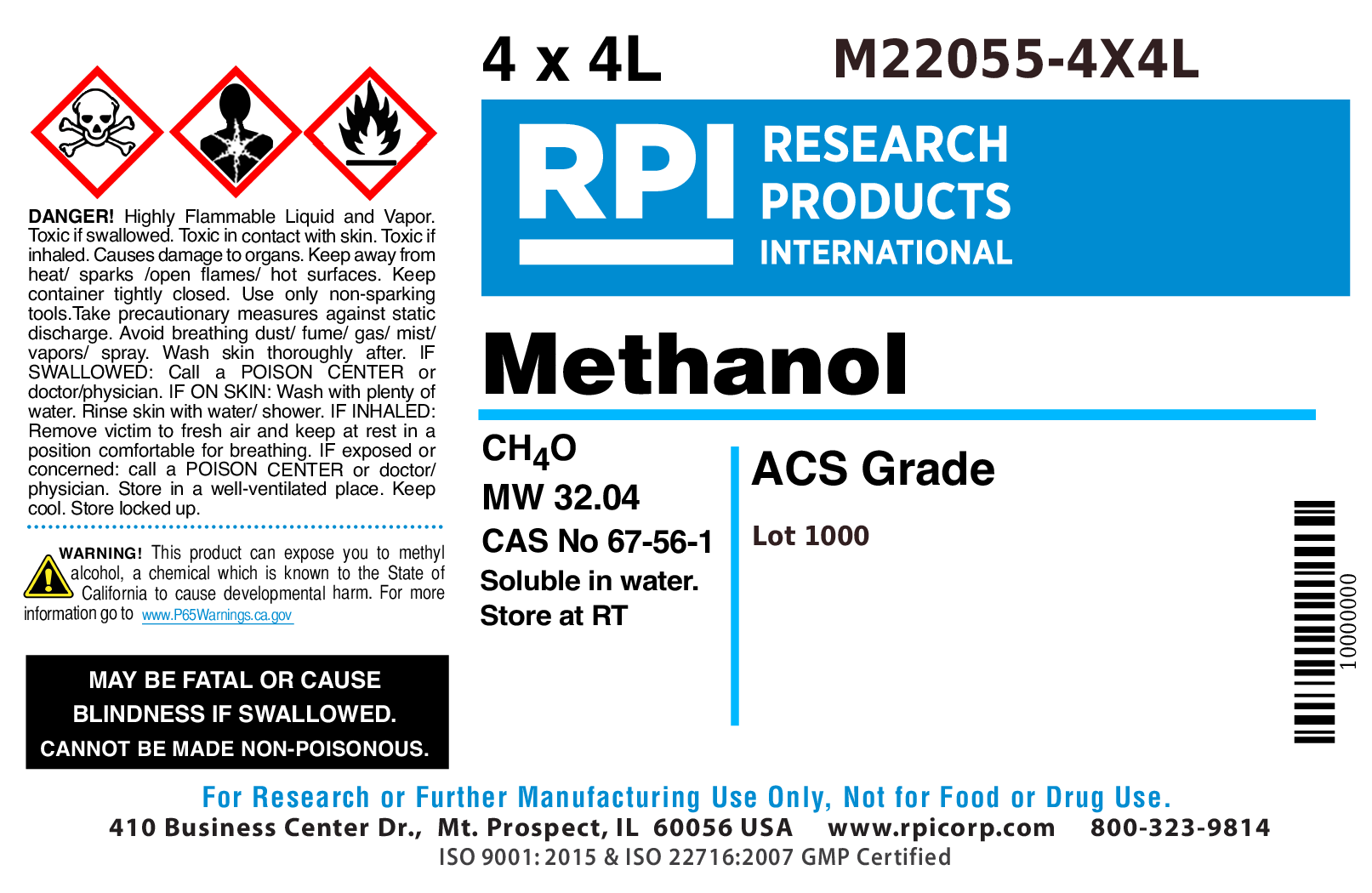 M22055-4X4L - Methanol, ACS Grade, 4 Liter Bottles, 4 Bottles per Case